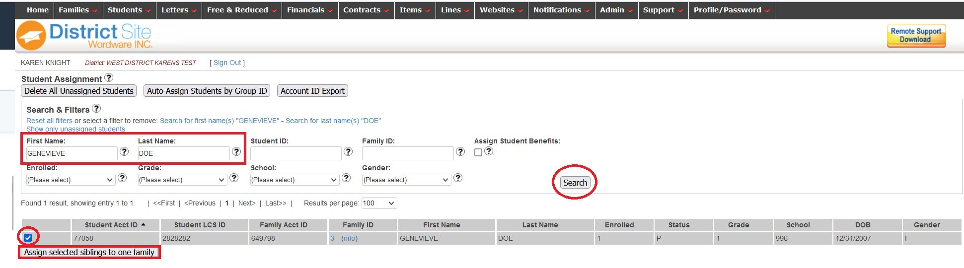 How do I move a student from one family to another?