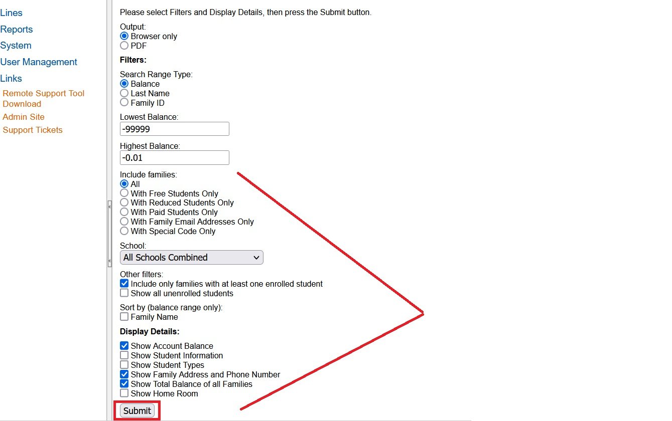 How do I get a report of families who have a negative food service balance?